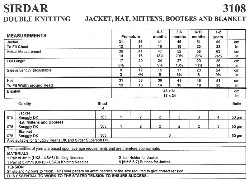Sirdar Snuggly DK Pattern - 3108 Jacket, Hat, Mittens , Bootees and ...